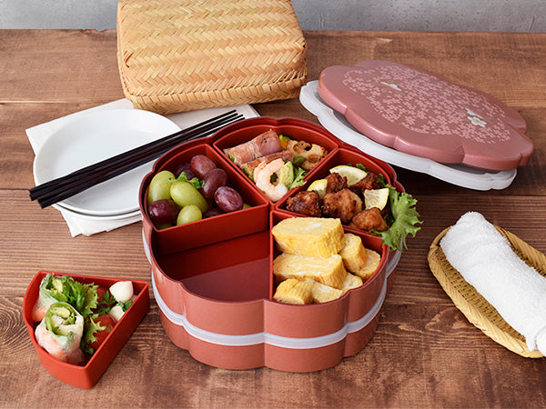 2-Tiered Pink Sakura Shaped Jubako Box with 4 Sets of Red Chopsticks ...